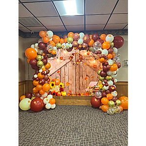 Fall Harvest Barn Backdrop Autumn Thanksgiving Wooden Farm Door Photography Background Rustic Pumpkin Maple Leaves Baby Shower Birthday Party Decorations Supplies 7x5FT