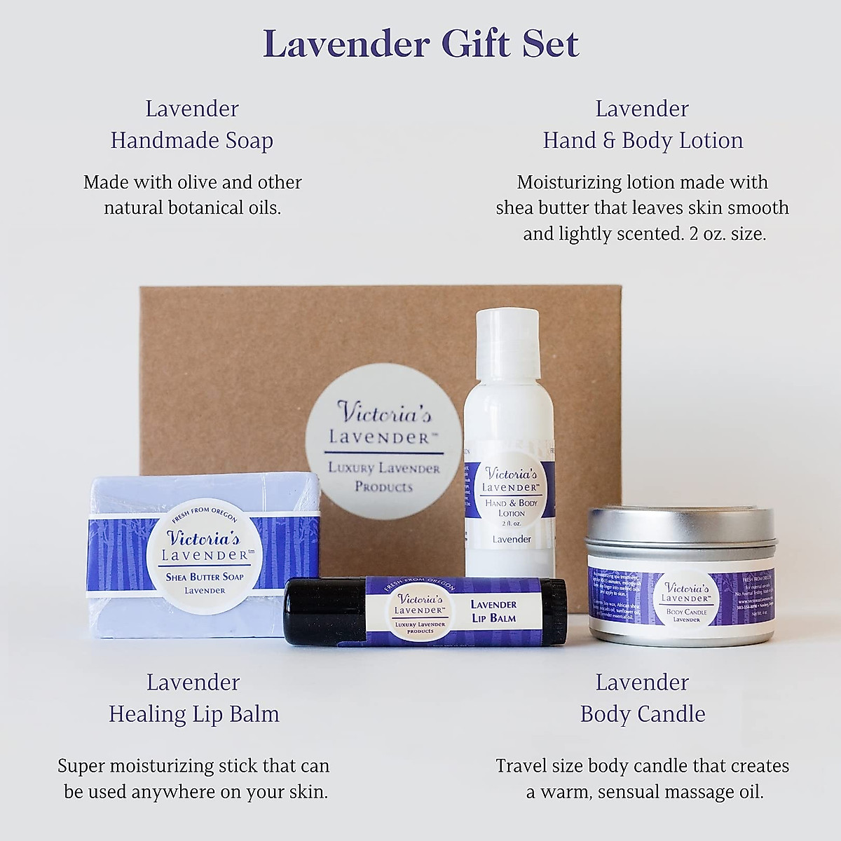 Victoria's Lavender Natural Body Products Gift Set - Handmade Soap, Hand & Body Lotion, Lip Balm, Body Candle Skin Care Sets & Kits, Lavender Bath and Body Products for Women, Lavender
