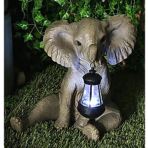 Ebros Safari Savanna Wildlife Animal Melee Adorable Pachy Elephant Statue Home Patio Decor Figurine with Solar LED Light Lantern Lamp 13.75"H Guest Greeter Elephants Path Lighter Sculpture