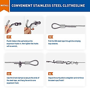 MAGZO Stainless Steel Clothesline Portable Detachable Laundry Wire Vinyl Coated Clothesline Wire Kit with Tightener System Hanging Rope Cable Set for Curtain/Car/Garage/Outdoor/Indoor/Travel (30FT)