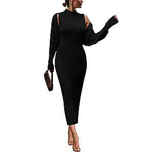 PRETTYGARDEN Womens Fall 2 Piece Outfits Bodycon Maxi Tank Pullover Sweater Dress and Long Sleeve Cropped Cardigan Knit Sets (Black,Large)