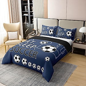 Feelyou Full(No Comforter) Soccer 100% Cotton Duvet Cover Boys Girls Football Bedding Set for Kids Teens Toddler Navy Blue Comforter Cover Set Soccer Ball Game 3Pcs Zipper