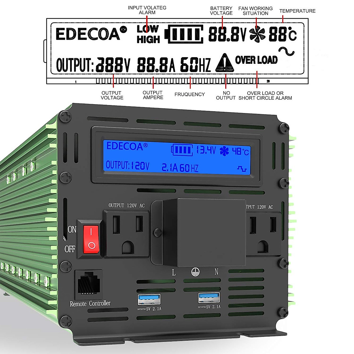 EDECOA 3000 Watt Power Inverter DC 12V to AC 110V 120V for Car Truck RV with LCD Display and Remote Controller