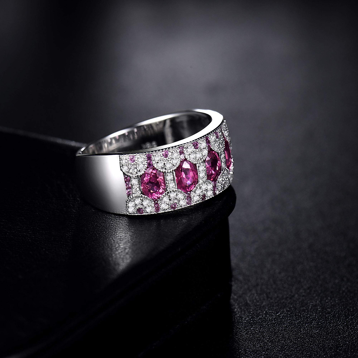 Lanmi 14K White Gold Pink Sapphire Engagement Diamonds Ring Wedding Band for Women