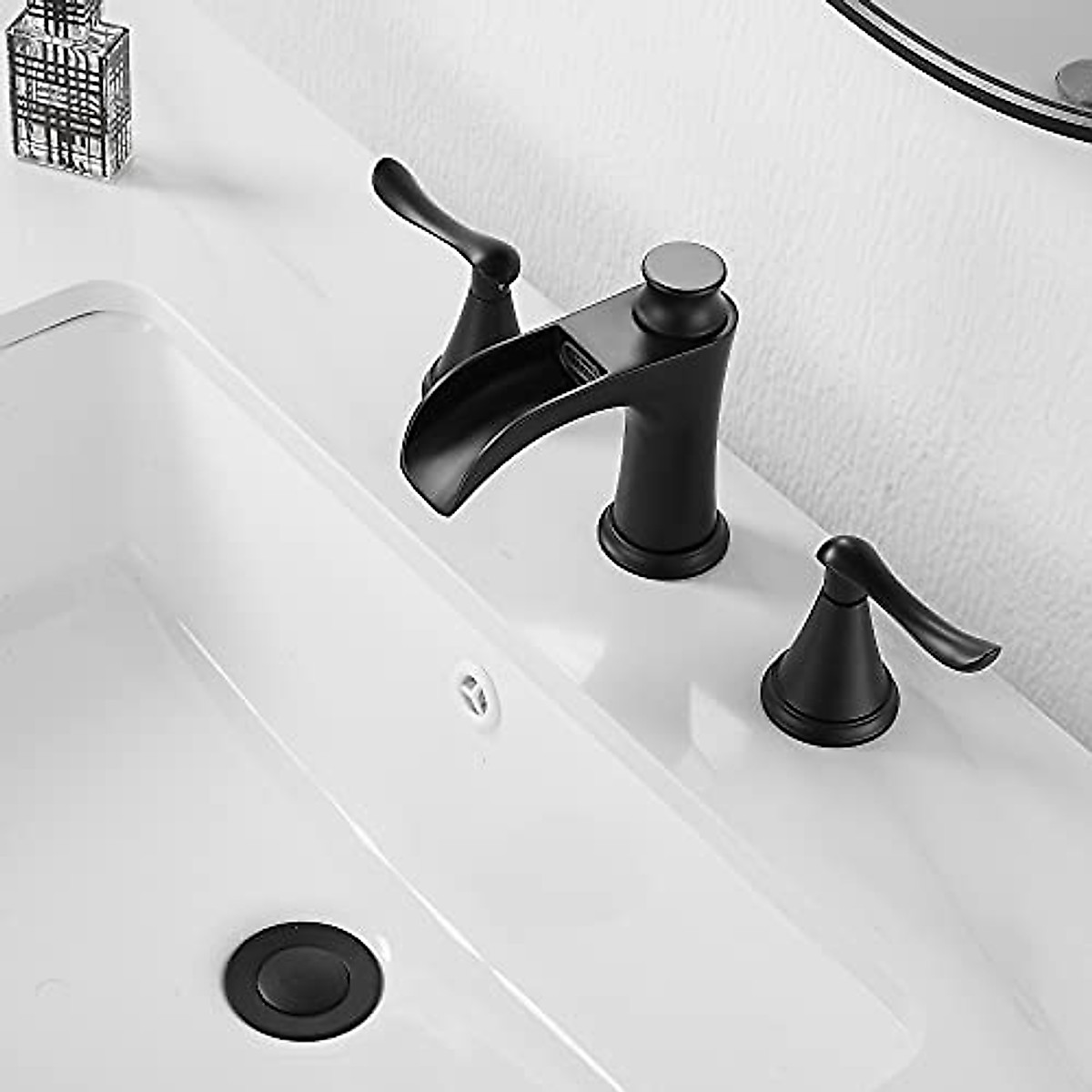 MYHB Bathroom Faucets for Sink 3 Hole Waterfall Black Bathroom Faucets for 8-16 inch Vanity with Pop Up Drain Stopper with Overflow, 3JT8012MB