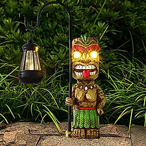 MIBUNG Upgraded Tiki Decor Garden Statue, Large Tiki Figurine with Solar Lantern Lights, Hawaiian Tropical Tiki Man Warrior, Tiki Dude, Tiki Torch, Outdoor Patio Yard Lawn Bar Party Beach Decoration