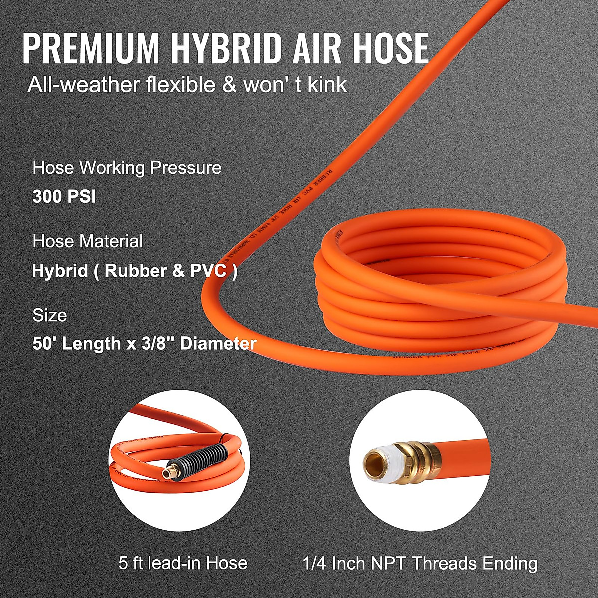 VEVOR Retractable Air Hose Reel, 3/8IN x 50FT Hybrid Air Hose Max 300PSI, Air Compressor Hose Reel with 5 ft Lead in, Ceiling/Wall Mount Enclosed Air Reel, 180° Swivel Mount