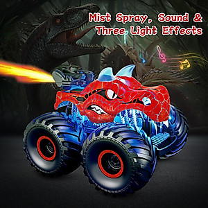 Kidcia Remote Control Dinosaur Car, 2.4GHz RC Monster Trucks for Boys with Spray, Light & Sound, All Terrain RC Cars with 2 Batteries, Dinosaur Toys for Kids 3 4 5 6 7 8, Christmas Birthday Gift