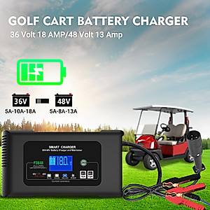 Golf cart Battery Charger, 48V 13A and 36V 18A Trickle Battery Charger,48 Volt cart Golf Charger,for 48 Volt Club Golf Car,Lithium,LiFePO4,Lead-Acid AGM/Gel/SLA..Battery Charger,3 Pin Round Plug