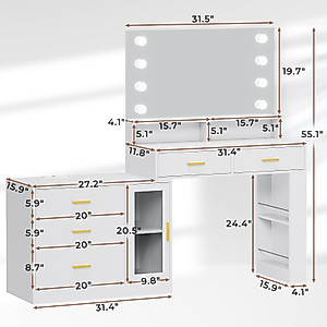 MSmask White Vanity Desk with Mirror and Lights, Makeup Vanity Table with Power Outlet, Large Makeup Desk with 5 Drawers, RGB Cabinets, Side Storage Shelf, 2 Installation Methods