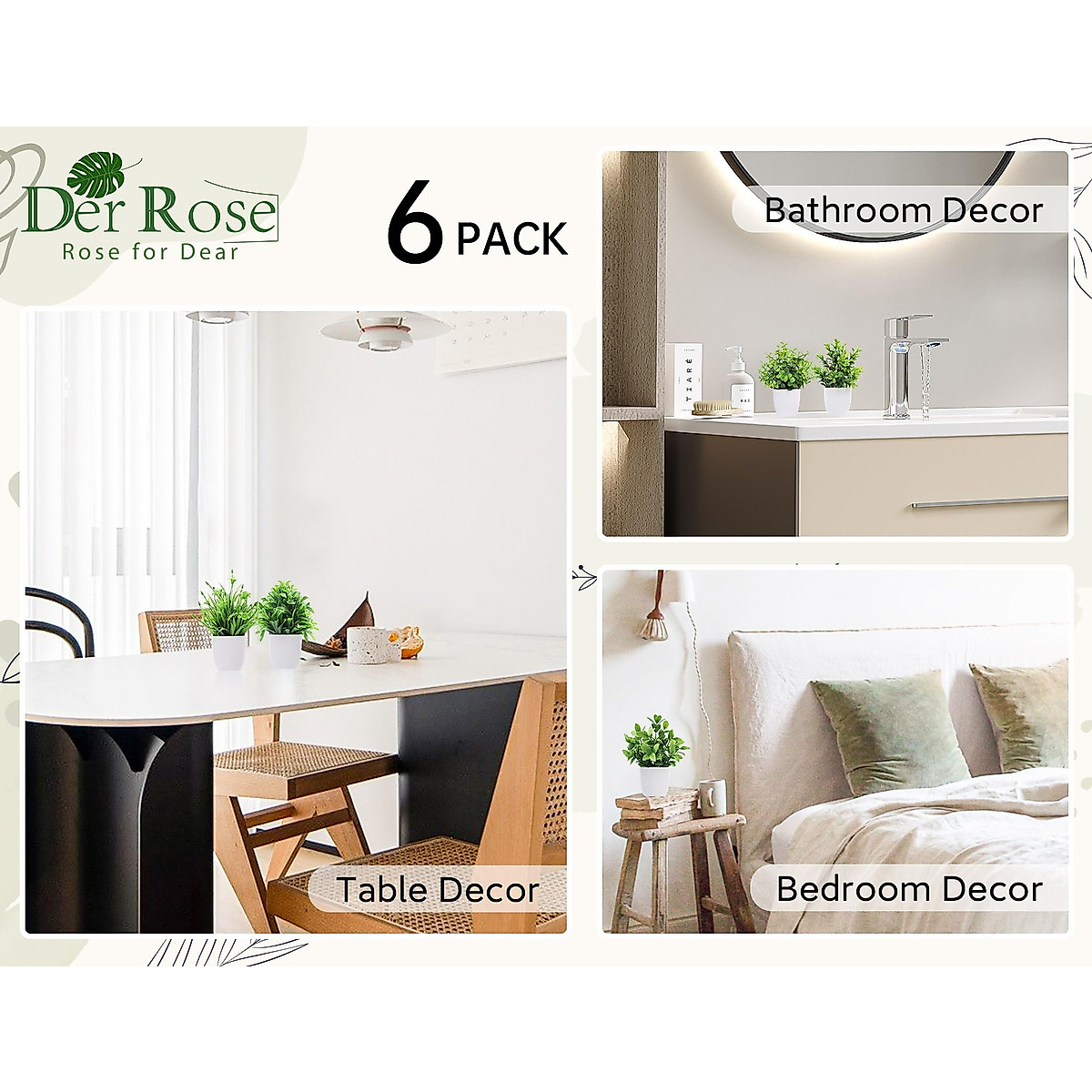 Der Rose 6 Pack Fake Plants Mini Artificial Plants for Home Office Farmhouse Bathroom Shelf Decor Indoor