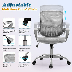 Ergonomic Office Chair - Home Desk Mesh Chair with Fixed Armrest, Executive Computer Chair with Soft Foam Seat Cushion and Lumbar Support, Grey