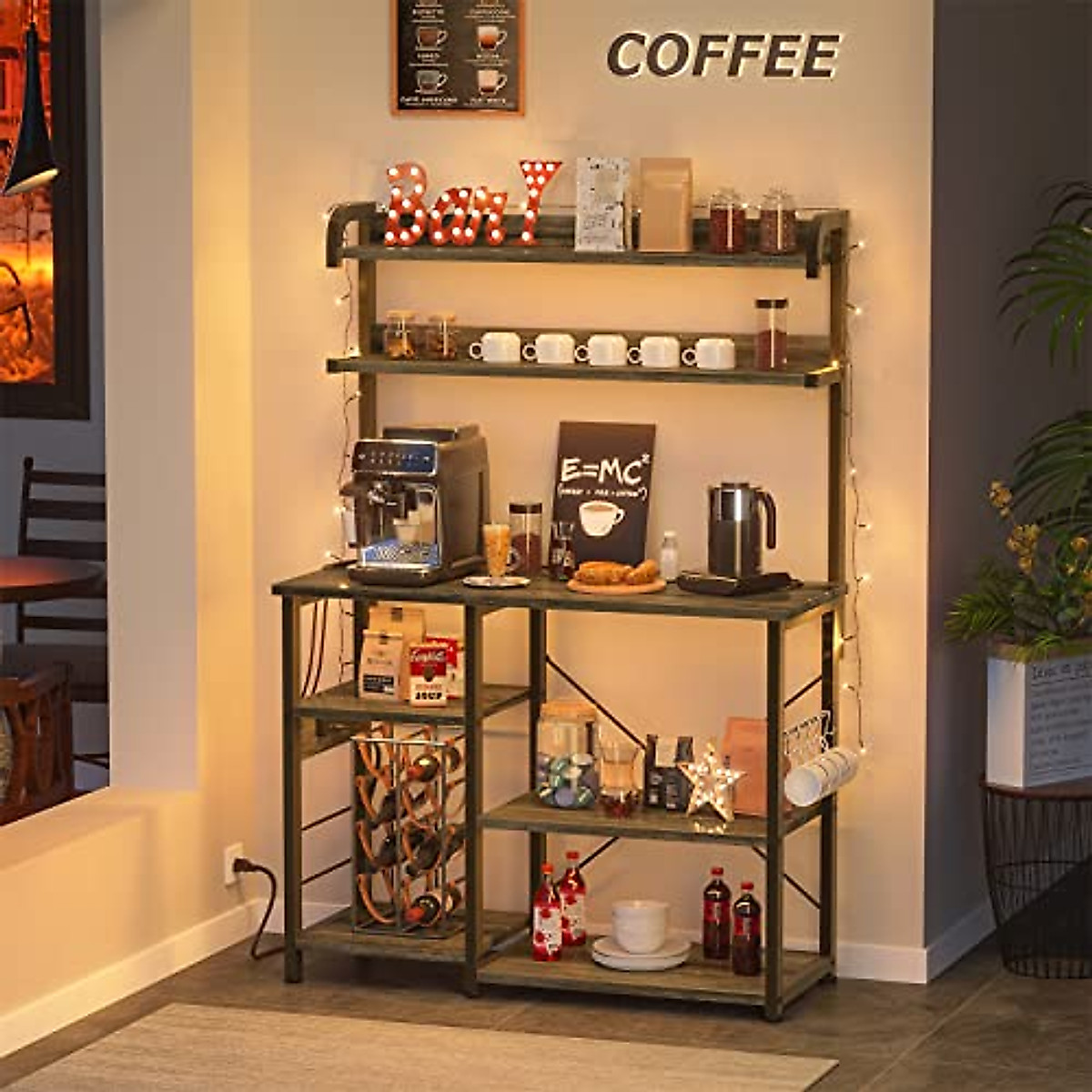 Topfurny Baker's Rack with Power Outlet, Coffee Station, Microwave Oven Stand, Kitchen Shelf, Microwave Cart, 7-Tier Microwave Stand or Coffee Bar Table Organizer, for Spice, Pots and Pans Organizer