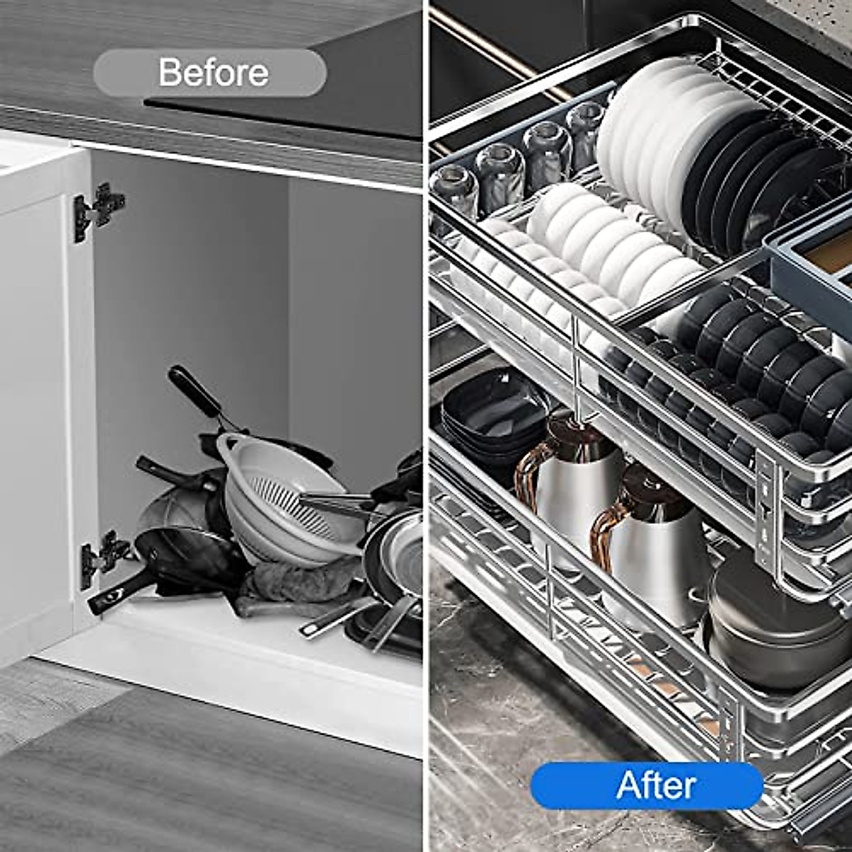2 Tier Pull Out Cabinet Organizers Storage Stainless Steel Heavy Duty Double Tier Wire Basket Slide Out Shelf Storage for Under Cabinet, Pantry, Metal Sliding Drawer Shelve for Cans, Jars, Bowl (Black