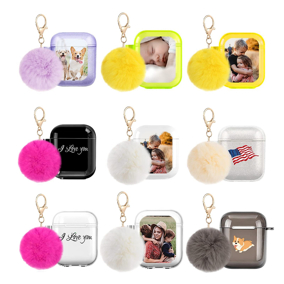 customgift Custom Apple Airpods 1 & 2 Case, Airpod Pro Cover Personalized with Name, Giftfor Women, Girls Pom Fur Ball Keychain/Strap/Accessories, Multiple Colour TPU DIY Picture, Multicolor