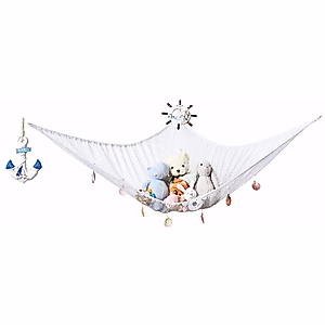 Mkono Stuffed Animal Hammock Toy Storage Nautical Style Hanging Stuff Animals Net Organizer with Shells and Nautical Decor, Large Steering Wheel Fishing Toys Net for Nursery Playroom Kid's Room