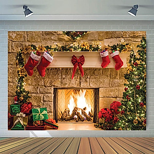 WOLADA 7x5FT Christmas Fireplace Photo Backdrop - Holiday Wall Decor and Background for Photography