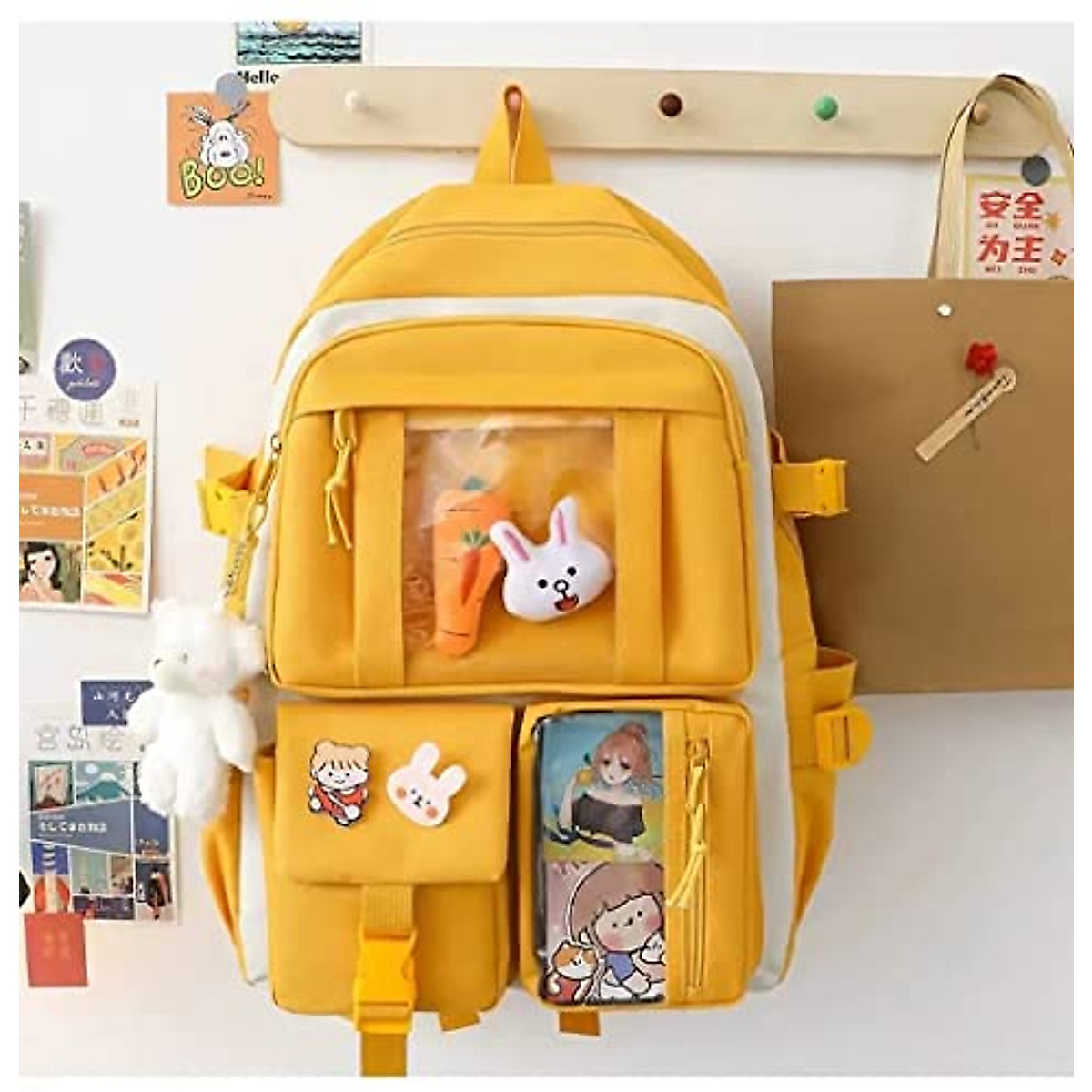 Kawaii Backpack Set of 5 with Pins and Accessories Cute Aesthetic Backpack Set with Display Window for School Teen Girls (Yellow)