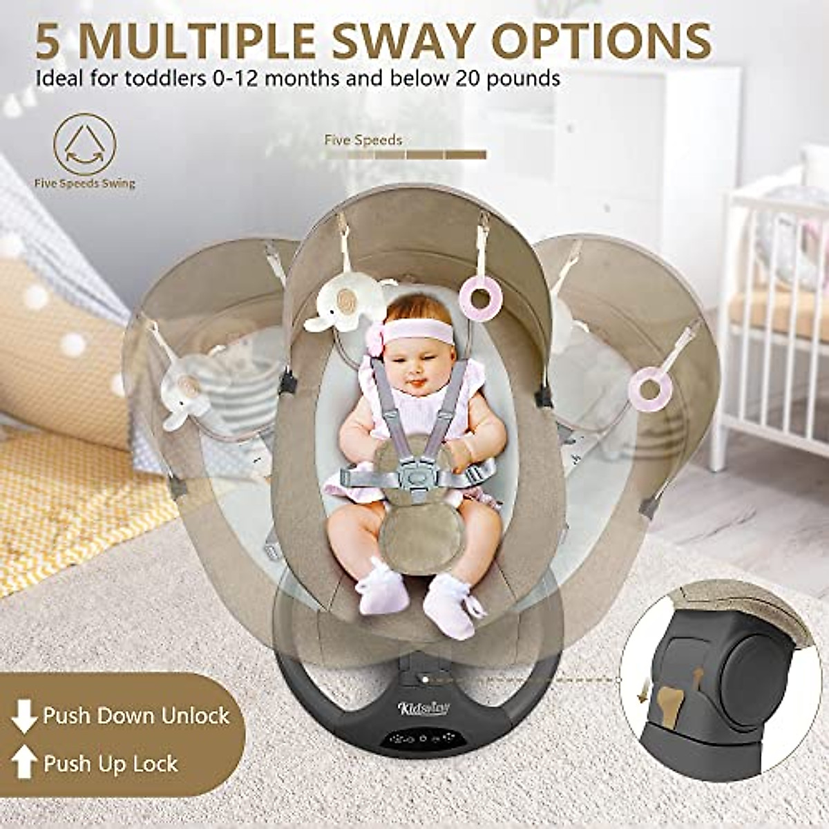 Bluetooth Baby Swing for Infants, 5 Speed Bluetooth Baby Bouncer Music Speaker with 12 Preset Lullabies, Remote Control Indoor Baby Rocker with Touch Screen Chair for 5-20 lb, 0-9 Months (Khaki)