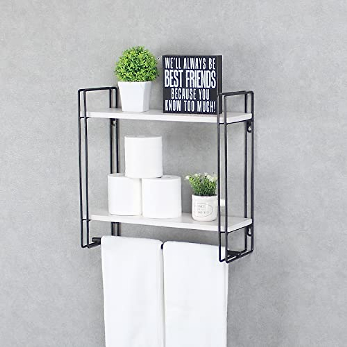 Industrial Bathroom Shelves with Towel Bar,24 inch Rustic Racks for Bathroom,2 Layers Farmhouse Rack Over Toilet,Pipe Wall Mounted,Home Decor Floating Holder (White)