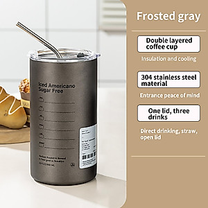 20OZ insulation and cooling ice cream cup, simple office portable car straw water cup, vacuum double-layer coffee cup, 304 stainless steel cold and hot drink travel cup (Gray)
