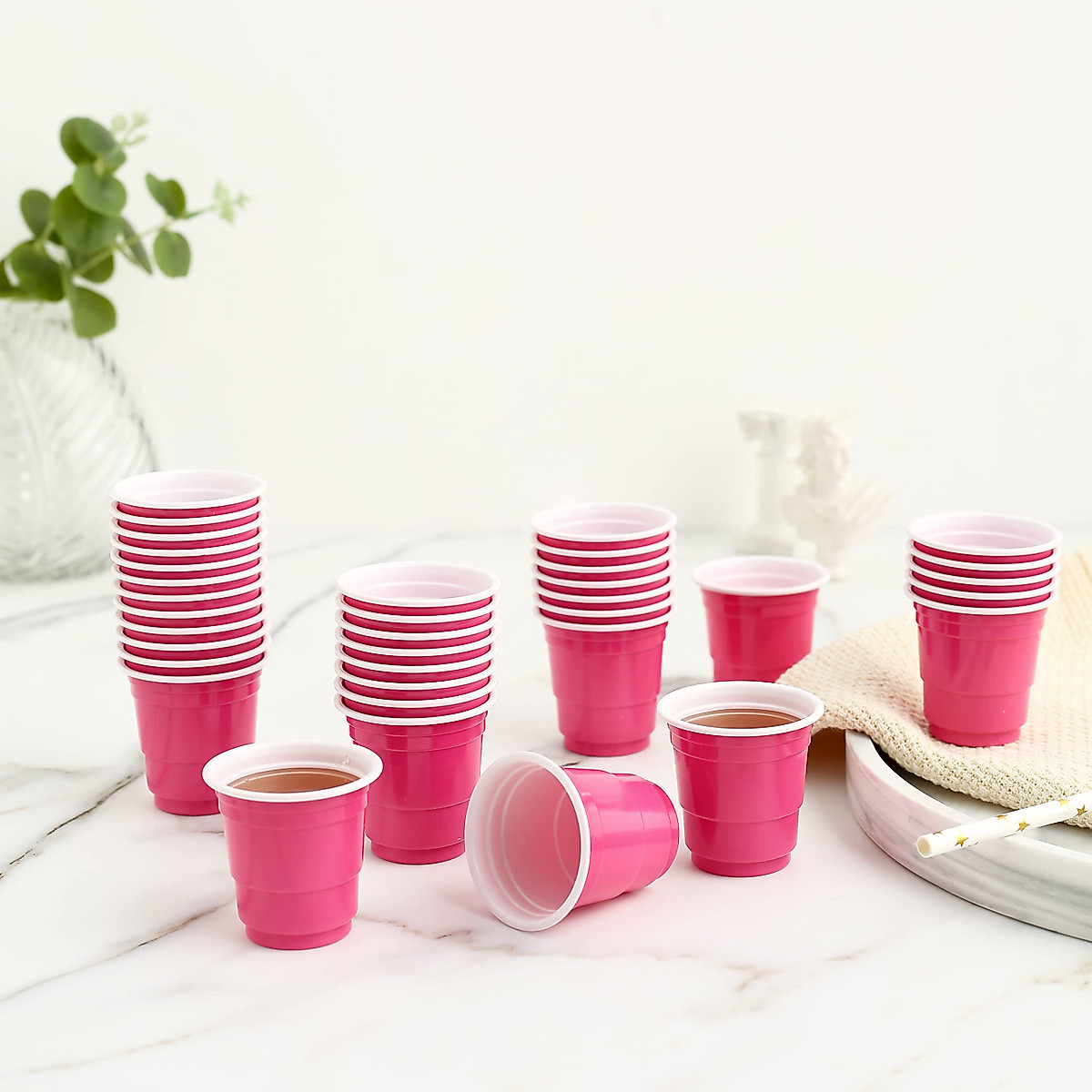100 Pack 2oz Pink Plastic Shot Cups, Mini Cups for Birthday, Bachelorette Party, Hot Pink Party Cups, Bachelorette Party Cups, Disposable Shot Cups, Baby shower, Tasting Jello Shots, Engagement Party