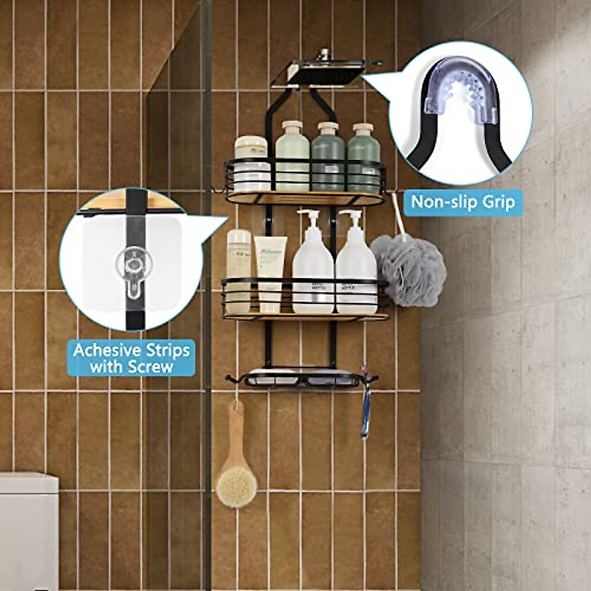 Fogein Bathroom Hanging Shower Caddy Over Shower Head Organizer, Rustproof Shower Organizer with Bamboo Board Hook & Soap Box, Over the Shower Head Caddy, Black