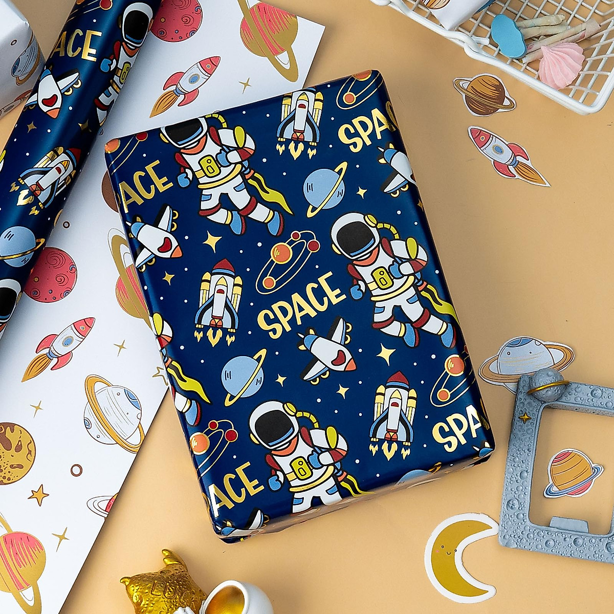 MIMUTI Space Wrapping Paper - Astronaut Gift Wrap Mini Roll - Kids Blue Space Birthday Gift Wrap Roll Boys Wrapping Paper Outer Space Party Favor - 17 in X 33 ft Suitable for Birthdays, Parties