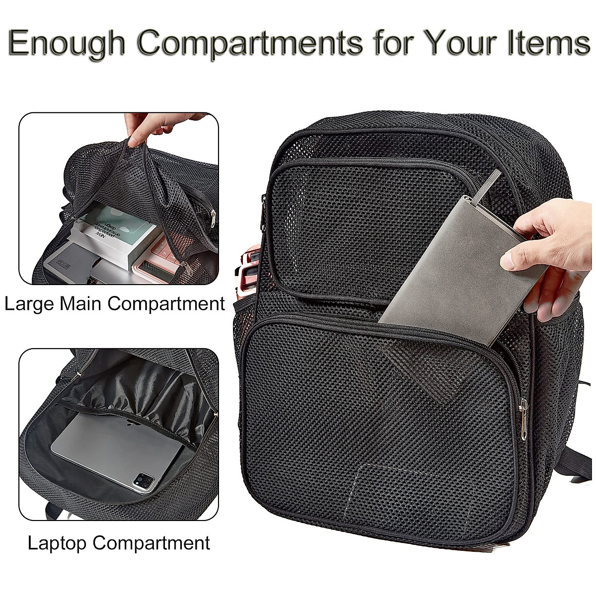 Large Mesh Backpack, Semi-transparent Student Backpack, See Through Mesh School Backpack with Bungee and Comfort Padded Straps for Travel, Swimming, Beach, Outdoor Sports