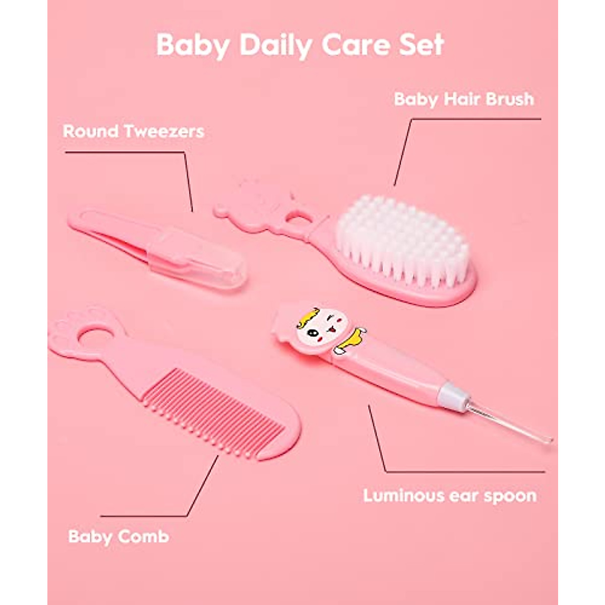 Baby Healthcare and Grooming Kit, Safety Newborn Nursery Care Set, with Hair Brush Comb, Nail Clipper, Thermometer, Pacifier Clip, Nasal Aspirator for Newborn Infant Baby Girls Boys (Pink)