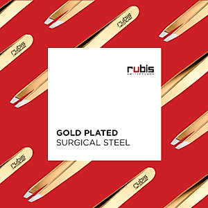 Rubis Classic Stainless Steel Slanted Tweezers for Precise Eyebrows and Hair Removal, The Gold Collection, Gold, 1K103