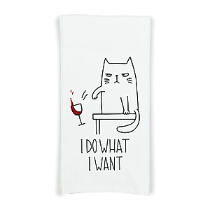 I Do What I Want Flour Sack Kitchen Towel with Hanging Loop - Funny Cute Cat Lover Dish Cloth Housewarming Hostess Birthday Christmas Gift