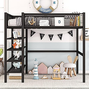 Loft Bed Multifunctionl Bed, Metal Full Size Loft Bed Frame with 4-Tier Open Shelves, Guardrail Side Storage Shelf and Mesh Guardrails, Kids Adults Bedroom Furniture High Loft Storage Bed (Black Bed)