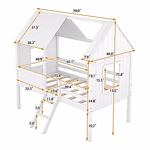 BOVZA Twin Playhouse Bed for Kids, Wood House Low Loft Bed with Two Side Windows and Roof for Girls and Boys Bedroom, White