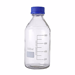 Moonetto 4 Pieces 1000ml Graduated Round Media/Storage Glass Bottle With GL45 Blue Polypropylene Screw Cap