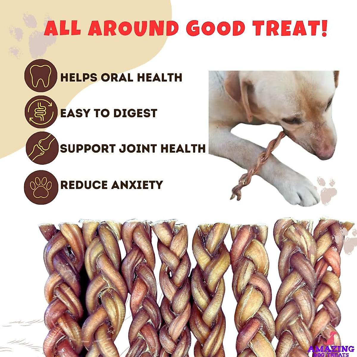 Amazing Dog Treats 6" Braided Bully Stick (10 Pcs/Pack) - Bully Stick for Dogs - Made from Premium Grass Fed Argentinian Beef