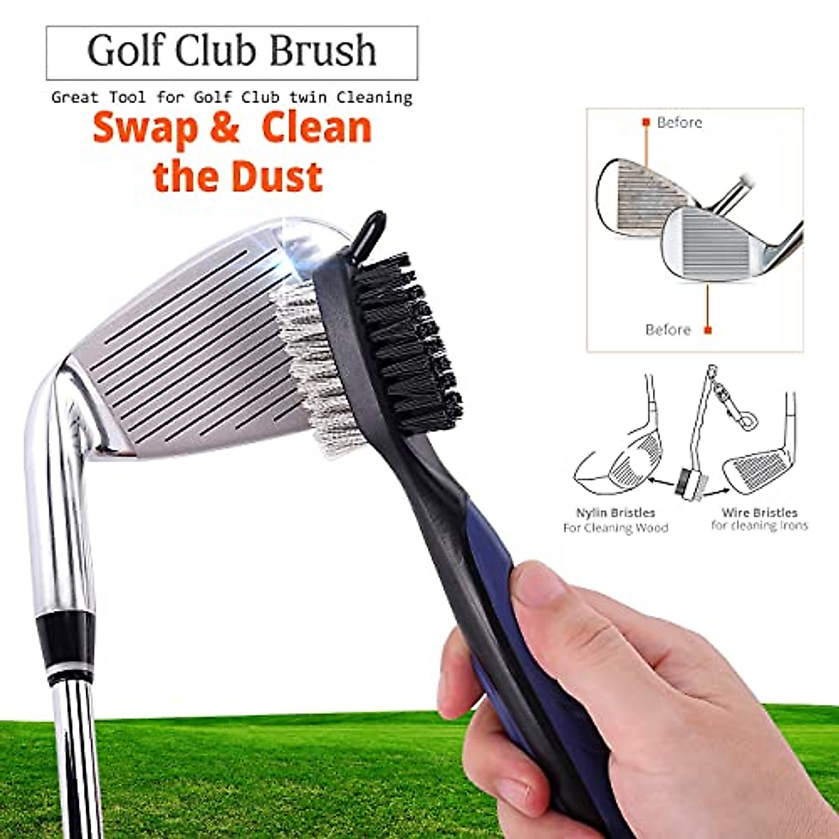 SportsGenics Golf Brush (Pack of 2) with a Golf Club Groove Sharpener - Double Sided Golf Club Cleaner - 6 Head Golf Groove Sharpener for Sharpening - Golf Club Cleaning kit - Golf Accessories