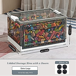 56 Quart Collapsible Storage Bins with Lids, Clear Stackable Lidded Storage Box with Wheels, Plastic Storage Container with 2 Doors, Storage Organizer with Attached Lid (Extra Large, Brown)