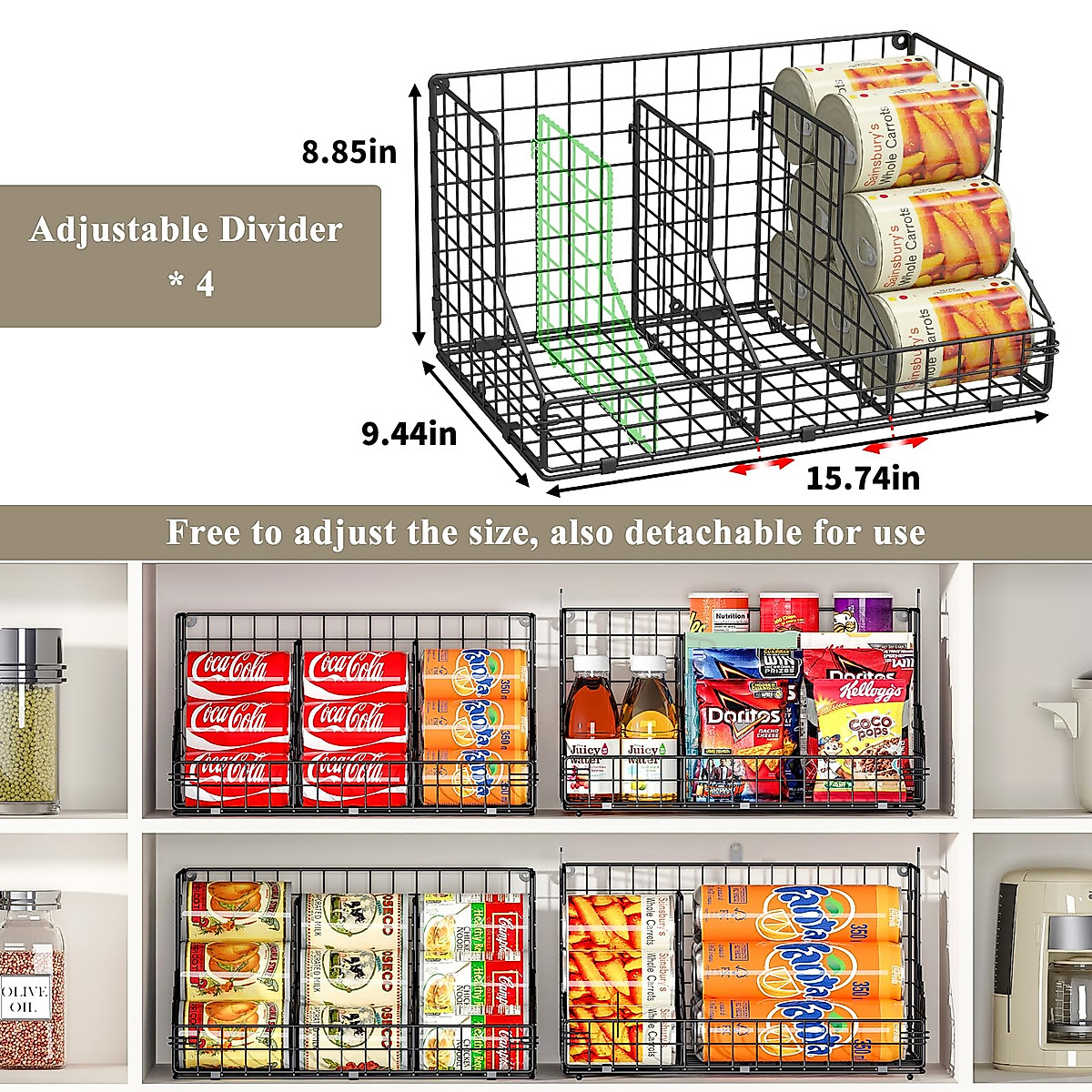 X-cosrack XXL Stackable Wire Baskets for Pantry Organizers and Storage, 2 Pack Snack Organizer Baskets with 4 Removable Dividers, Metal Pantry Storage Bins for Snack Canned Spice Food, Black