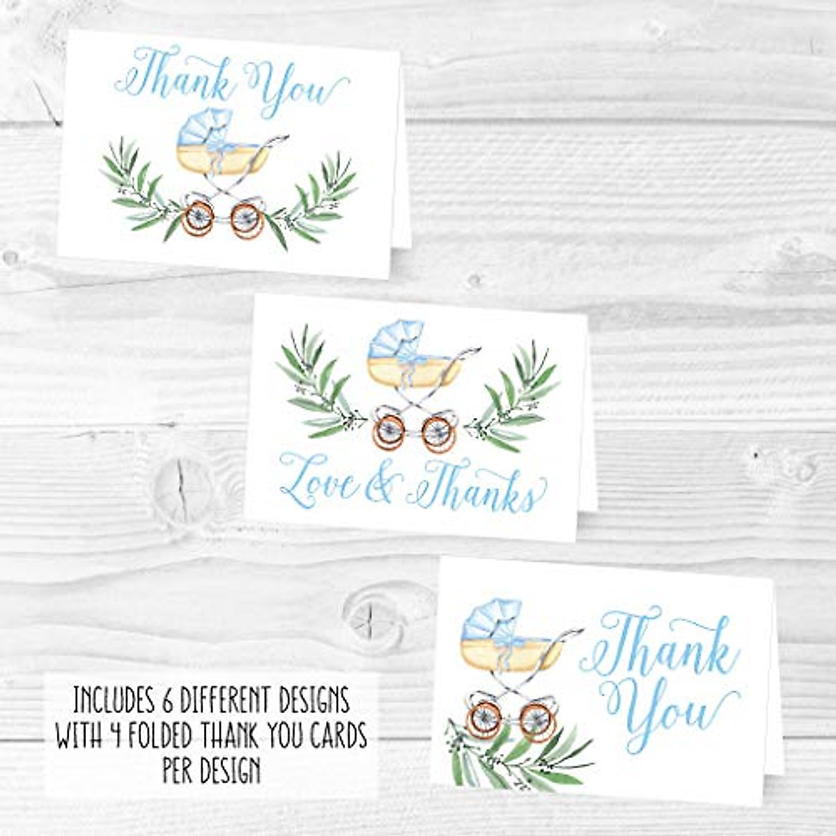 24 Blue Carriage Baby Shower Thank You Cards With Envelopes, Boy Sprinkle Thank-You Note, 4x6 Gratitude Card Gift For Guest Pack, Gender Reveal DIY So Grateful Greenery Vintage Varied Event Stationery