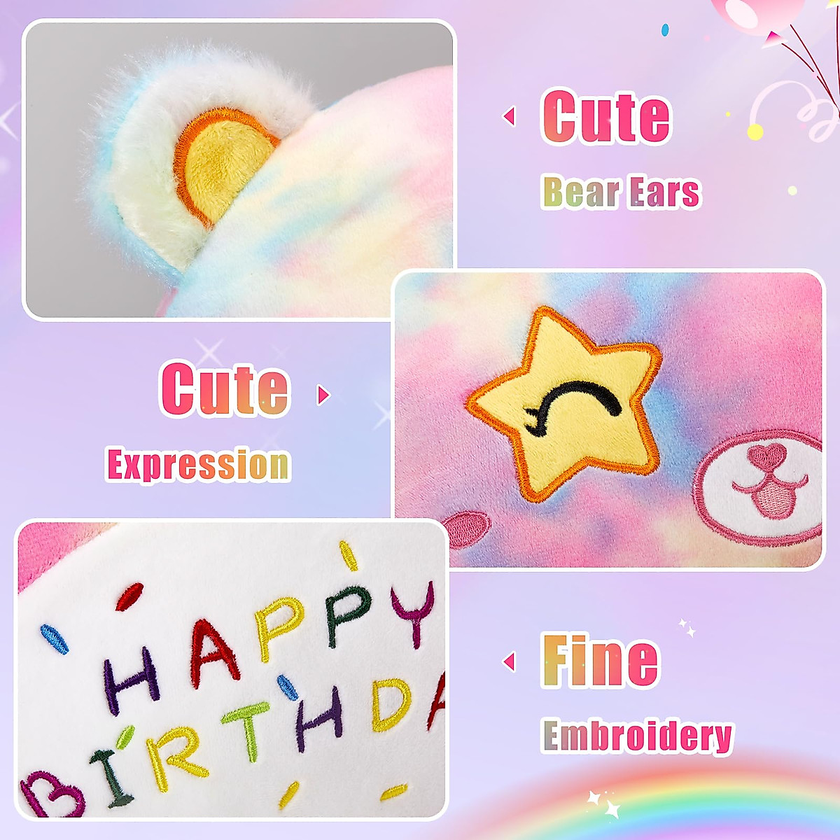 Athoinsu 16" Happy Birthday Bear Plush Pillow Cute Rainbow Stuffed Animal Soft Kawaii Birthday Plushie Star Wink Funny Pillows Home Room Decoration Gifts for Toddlers Kids Girls