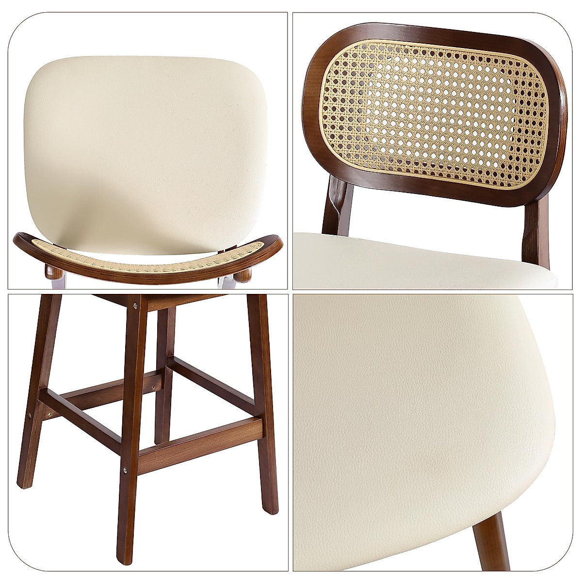 Counter Height Bar Stools Set of 3 Rattan Barstools with Back and Wood Frame, PU Leather Upholstered Bar Chairs, Mid Century Modern Farmhouse Counter Stool for Kitchen Island/Home Bar, Cream White