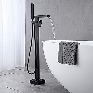 Wowkk Waterfall Tub Filler Freestanding Bathtub Faucet Black Floor Mount Brass Single Handle Bathroom Faucets with Hand Shower
