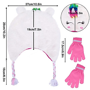 Kids Girls Winter Unicorn Beanie Hat Gloves Set, Boys Girls Warm Fleece Lined Hat Toddler Cute Cat Hat with Earflap for 2-7T