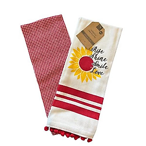 Lunch Money Set of 2 Sunflowers Themed Kitchen Towels Hand Towels Spring Towels - Sunflower Towel Rise Shine Smile Love and Matching Red Towel with White Stitching
