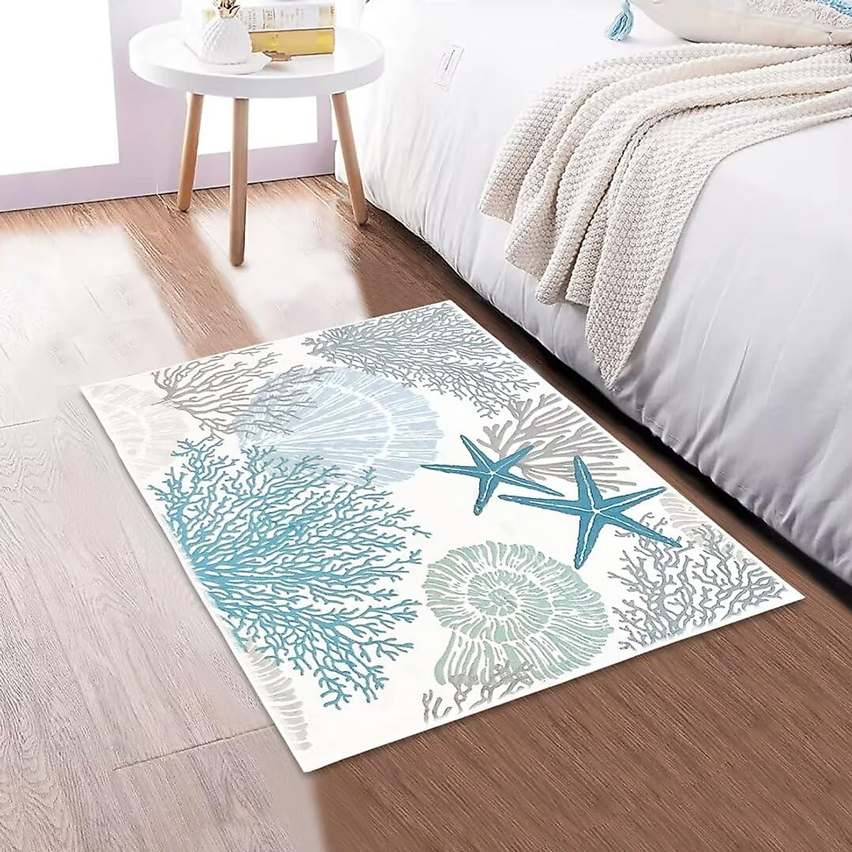Coastal Area Rug 2x3 Throw Rugs Beach Ocean Area Carpet Small Rug Washable Entryway Doormat Indoor Entrance Door Mats Non-Slip Floor Carpets for Kitchen Bathroom Laundry Bedroom Living Room,Blue