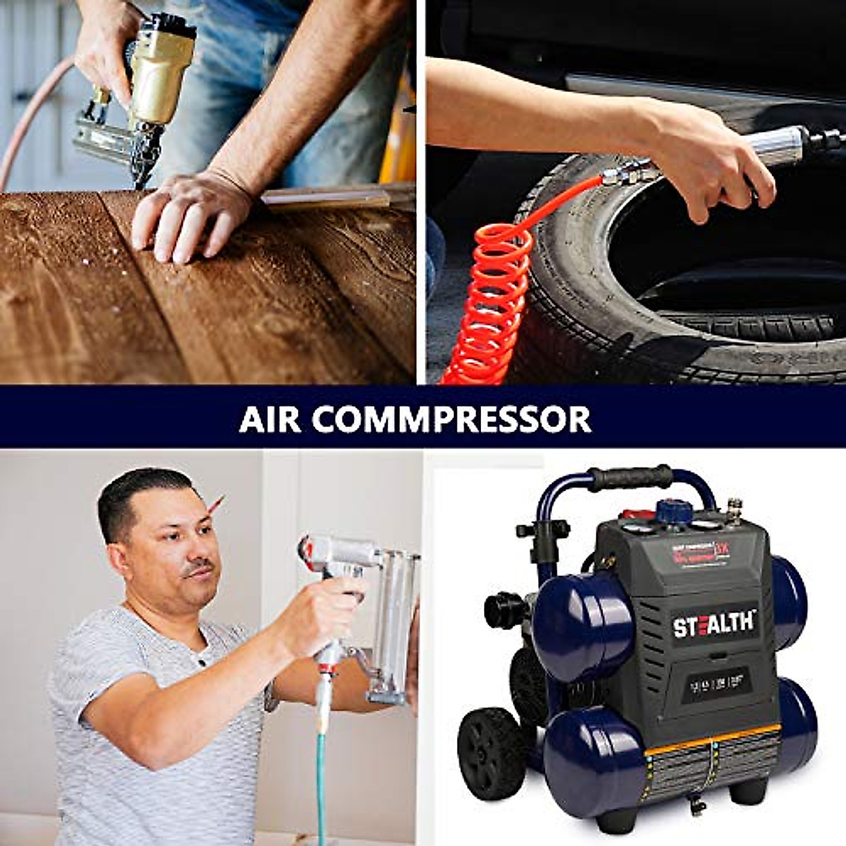 Stealth 4.5 Gallon Ultra Quiet Air Compressor,1.3 HP Oil-Free Peak 150 PSI 65 Decibel Air Compressor,4 CFM @ 40 PSI 3 CFM @ 90 PSI Silent Portable Long Life Electric Air Compressor W/ Wheel for Garage