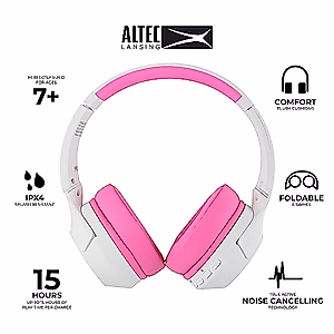 Altec Lansing Kid Safe Noise Cancelling Wireless Headphones 15H Battery, 85dB Volume Limit, Foldable Design Powerful Sound, Active Noise Cancellation Perfect for Kids Ages 7+ (Whiteout Pop Pink)