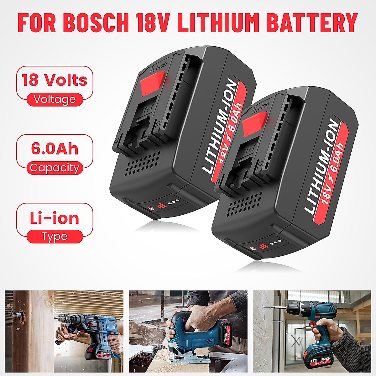 LabTEC 2-Pack 6.0Ah 18V Lithium Battery BAT609 and Battery Charger Kit Compatible with Bosch
