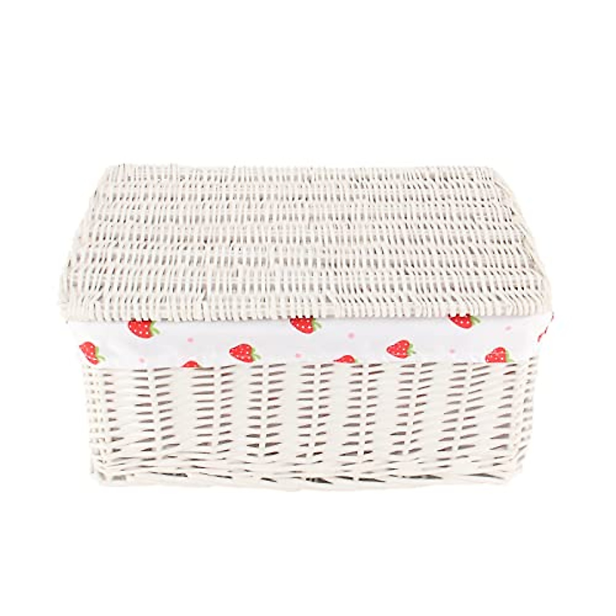 KINGWILLOW Rectangular Storage Basket, Wicker Storage Bin with Lid for Clothes Books Sundries (Strawberry Pattern Lining, Large)